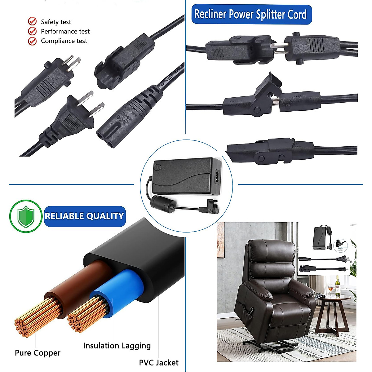 Ousaly 6.5 Feet Extension Cord for Lift Chair or Power Recliner, Replacement for Okin Limoss Lazy boy Pride Catnapper Lift Chair Power Recliner Power Supply Cable etc