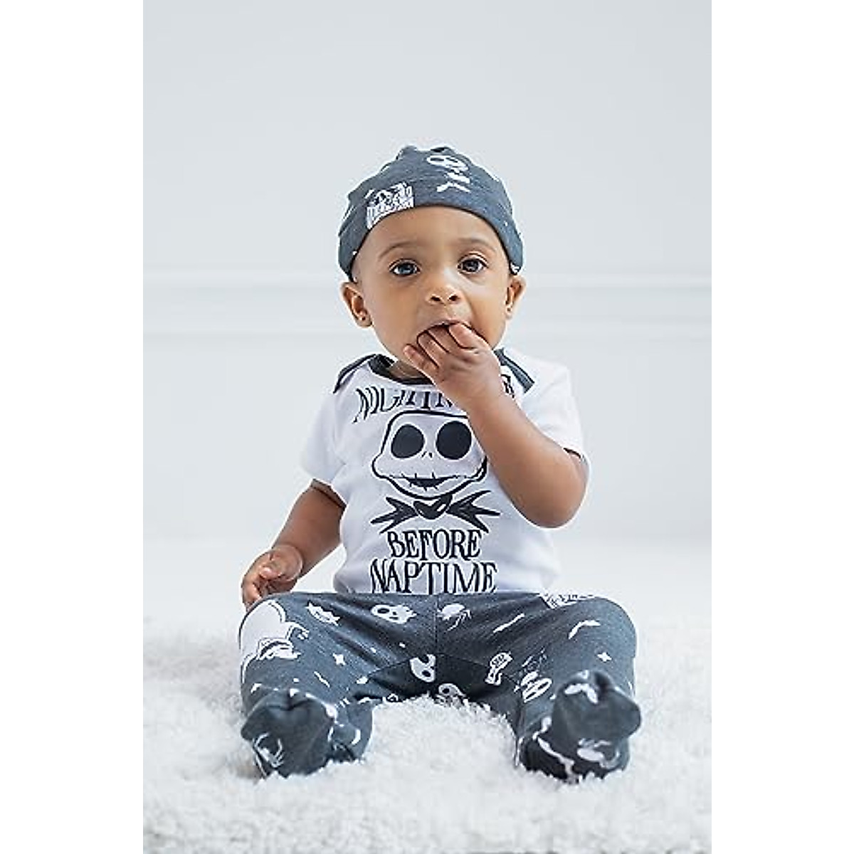 Disney Nightmare Before Christmas Newborn Baby Boys Short Sleeve Bodysuit Pants and Hat 3 Piece Outfit Set 0-3 Months