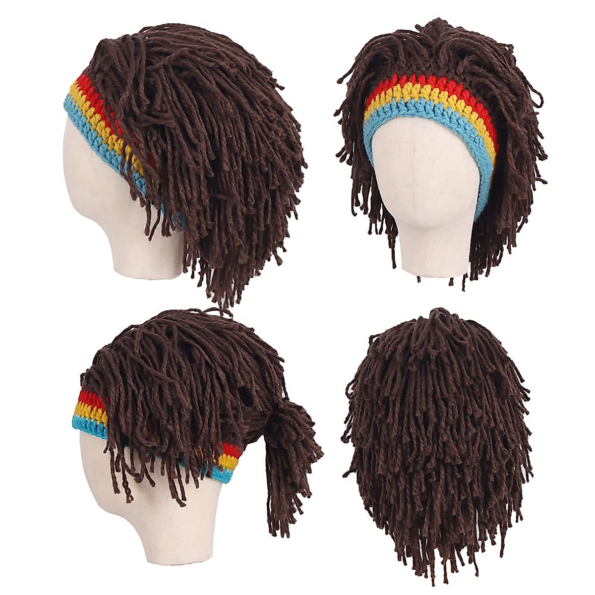 Men Knit Hat with Hair Boys Funny Handmade Knitting Winter Hat Beanie Rasta Hat with Dreadlocks (B-Brown)