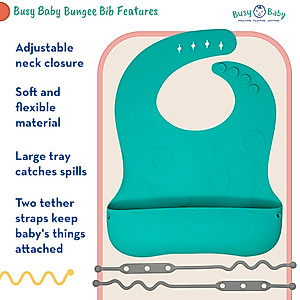 BUSY BABY - Silicone Baby Bib & Bungees, 1-Stop-Drop Travel Bib, 2-Silicone Bungees that Easily Attach to Bib & Keep Things Off the Floor (Pewter)