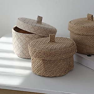 Round Baskets with Lid, Decorative Linen Lidded Storage Baskets, Small Woven Basket for Organizing, 6.3 x 4.72 Inch