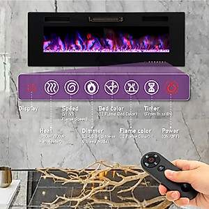 PHI VILLA 50" Electric Fireplace Wall Mounted & Recessed, 3.86" Ultra-Thin Linear Fireplace 750/1500W with Remote Control, Fit for 2 x 4 6 Stud, Low Noise, Timer, Adjustable Flame Color & Speed