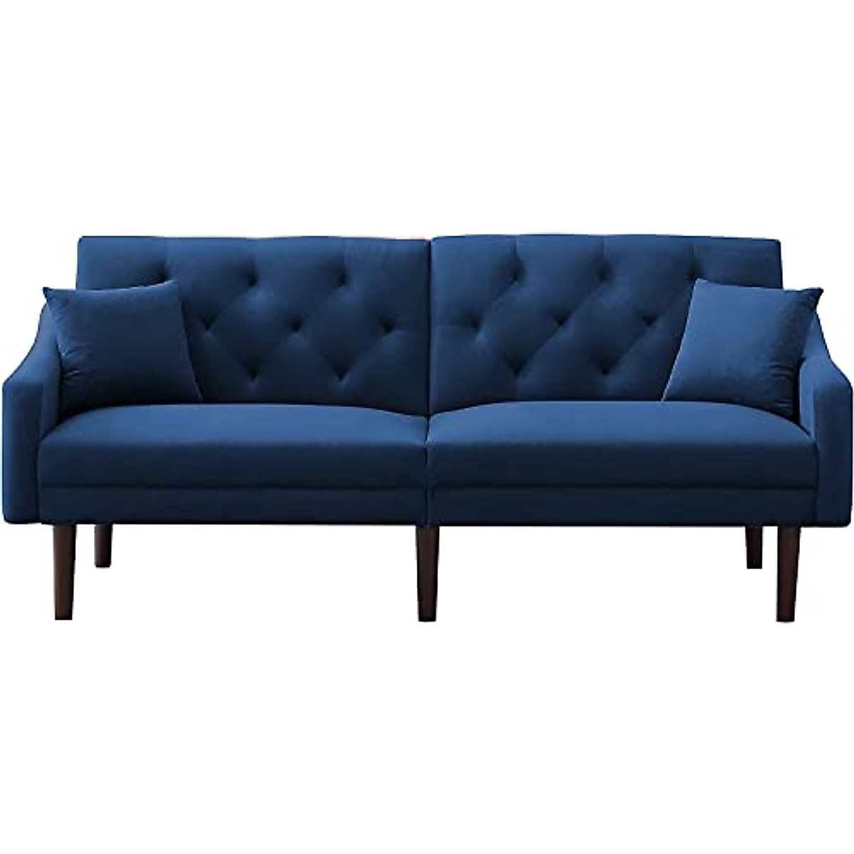 DNYN Convertible Sleeper Futon Sofa with 2 Pillows, Velvet Tufted Couch w/Metal Legs and Adjustable Backrest, for Apartment Office Small Space Living Room Furniture, Blue