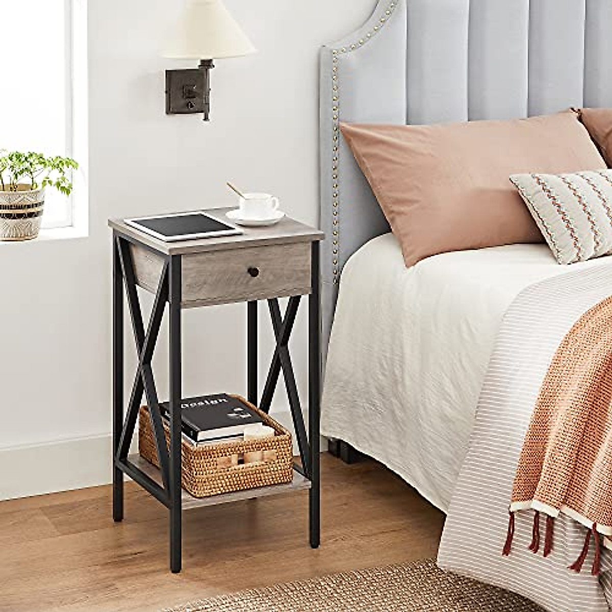 VASAGLE Tall Nightstand with Drawer and Storage Shelf, End Table, Side Table, 13.8 x 13.8 x 27.6 Inches, Industrial, Greige and Black ULET501B02