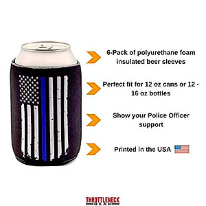 Police Officer Gifts for Men - Thin Blue Line Beverage Can Cooler Sleeves - Law Enforcement Blue Lives Matter Insulated Beer Holder with Blue Stripe American Flag - Police Department Ideas, 6-Pack