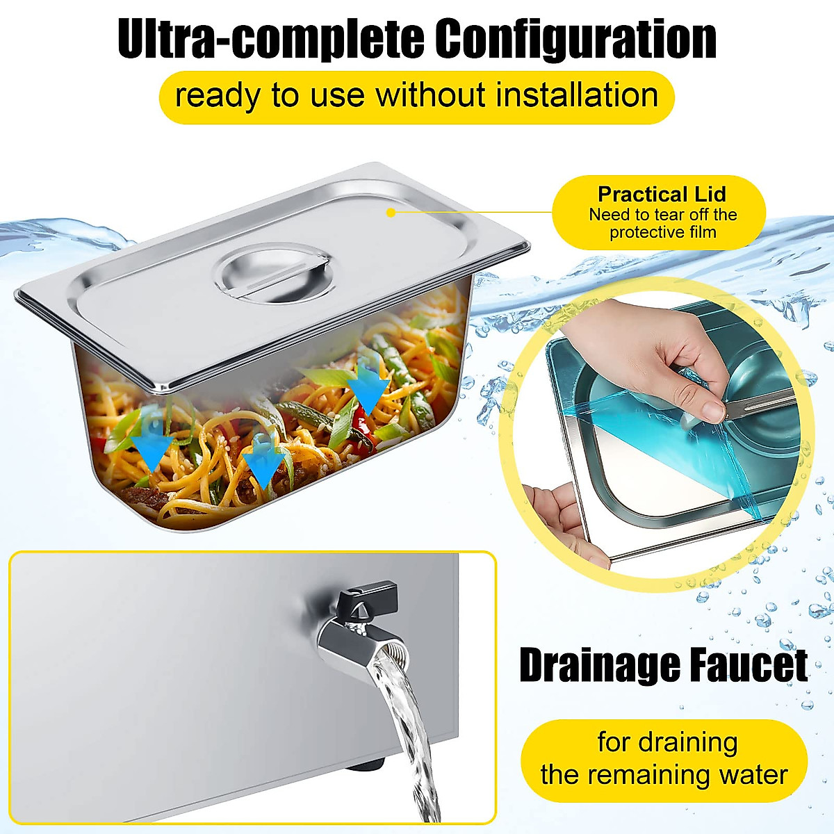 Electric Commercial Food Warmer 110V Buffet Food Warmer Stainless Steel Electric Countertop Steamer with Temperature Control, Tap and Lid for Catering Restaurant Parties (3 Pan)