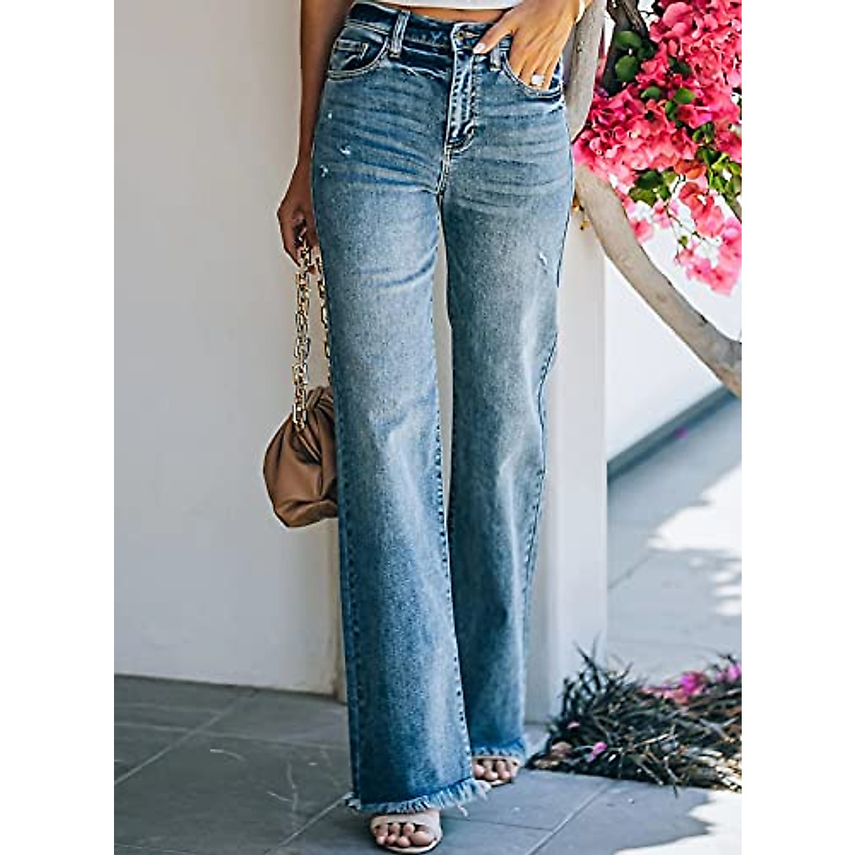 Sidefeel Women High Waisted 90 Flare Raw Hem Denim Jeans Wide Leg Pants Size 10 Blue