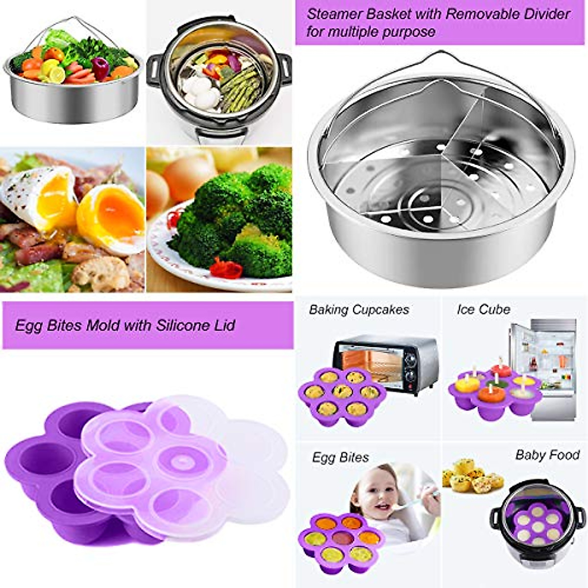 Accessories for Instant Pot, Sugaroom 100 PCS Pressure Cooker Accessories Set Compatible with Instant Pot Accessories 6 qt 8 quart-2 Steamer Baskets, Springform Pan, Egg Rack, Egg Bites Mold and More