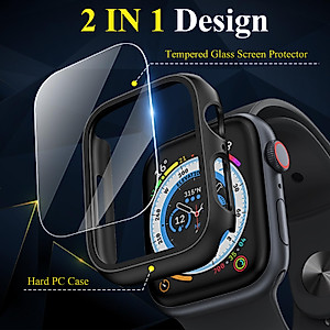 [3 Pack] Case for Apple Watch Series 9 Screen Protector 45mm Series 8 Series 7, EWUONU Hard PC Bumper Cover HD Tempered Glass Full Protective Case for iWatch Series 9/8/7 Accessories 45mm, Black