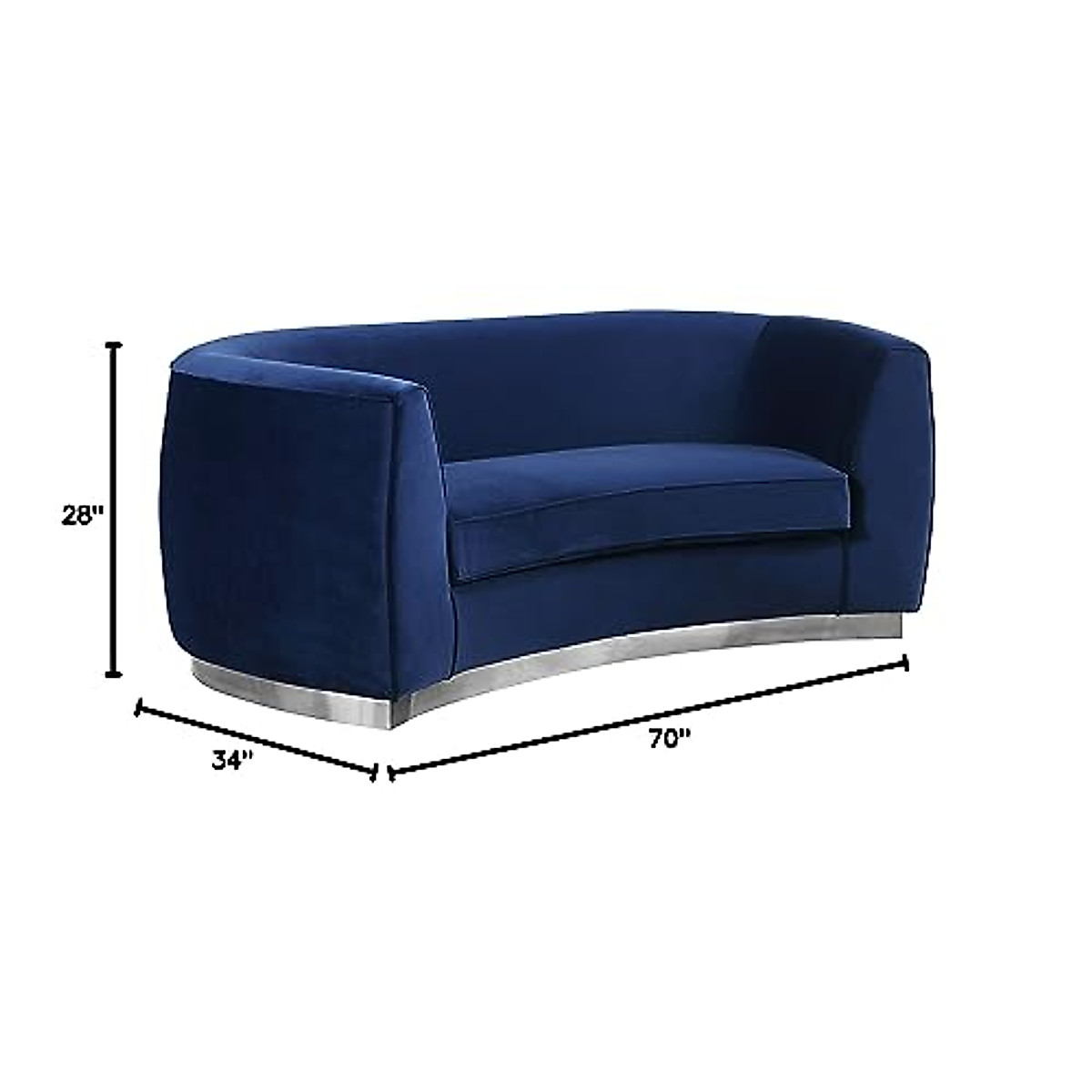 Meridian Furniture Julian Collection Modern | Contemporary Velvet Upholstered Loveseat with Stainless Steel Base in Polished Chrome Finish, Navy, 70" W x 34" D x 28" H