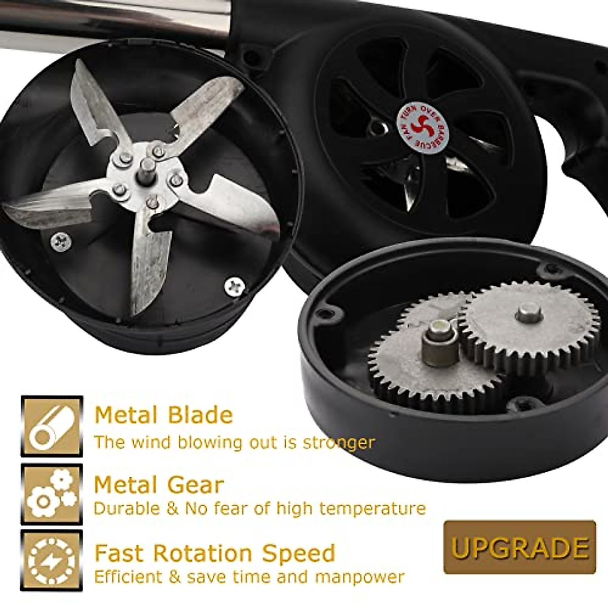 GkGk Hand Crank BBQ Fan, Portable Barbeque Air Blower with Manual Handle Speed Control and Metal Fan Blade for Outdoor Barbecue Fire Bellow, Camping and Hiking Picnic