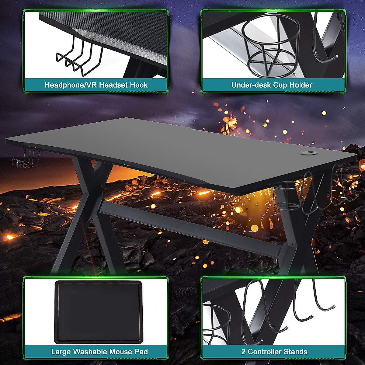 Tangkula Computer Desk Gaming Desk, Ergonomic E-Sports Desk with Cup & Headphone Holder and Mouse Pad, Gamer Workstation with Carbon Fiber Surface and X-Shape Steel Frame, Home Office Desk (Black)