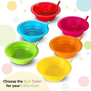 PLASKIDY Kids Cereal Bowls with Straws - Set of 6 Plastic Bowl with Straw For kids BPA Free Dishwasher and Microwave Safe - 22 Oz Toddlers Bowls with Built-In Straws Includes 3 Cleaning Brushes