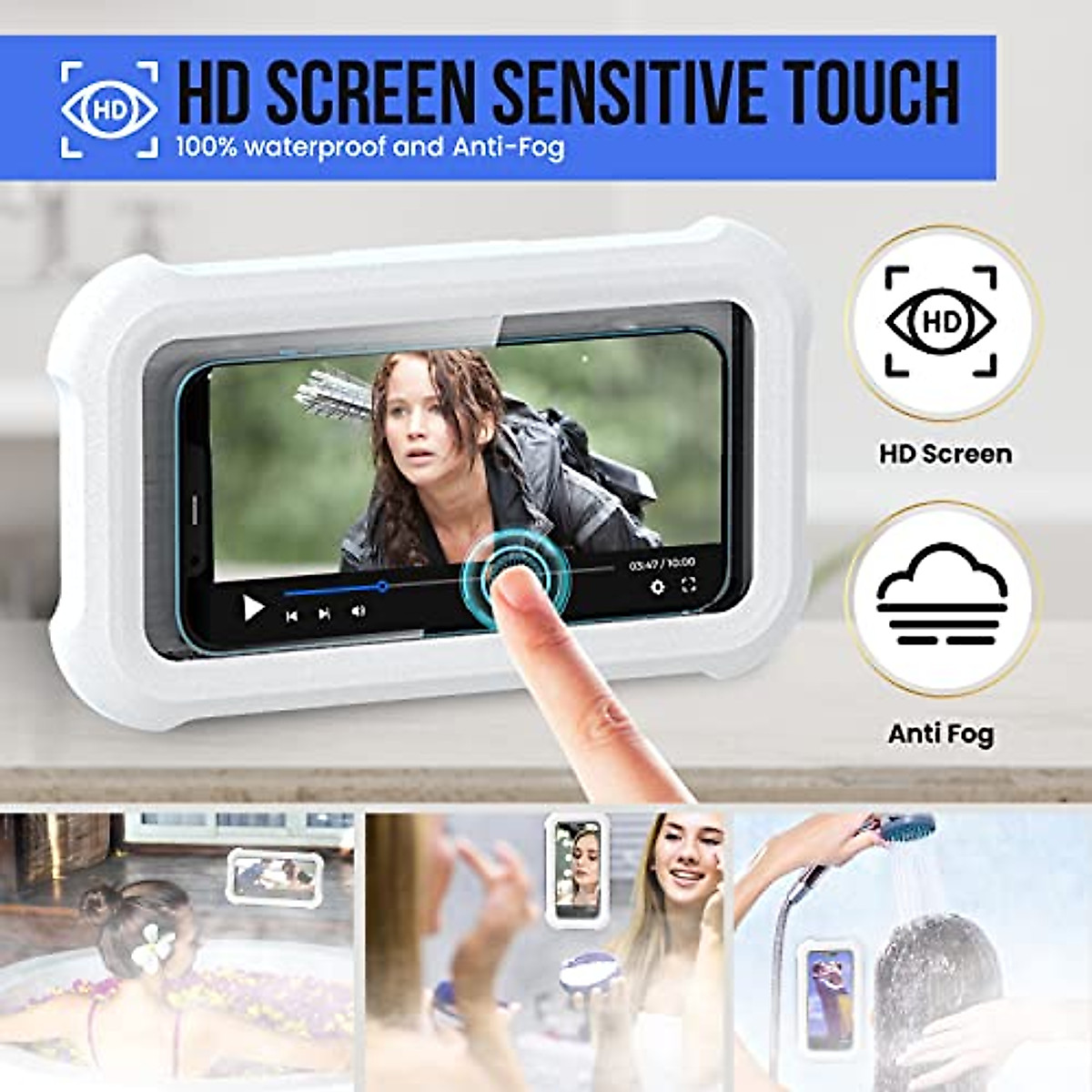 Spread Pixie Dust Shower Phone Holder Waterproof Upgraded Phone Shower Holder Wall Mount Bathroom TV Shower Gadget Shower Accessory Phone Mount iPhone Shower TV (Pure White)