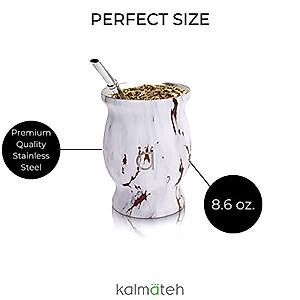 Kalmateh Yerba Mate Gourd Set - Traditional Modern Mate Cup Includes Bombilla Filter Straw and Cleaning Brush- Double Walled Stainless Steel (Turquoise, 8.6 oz)