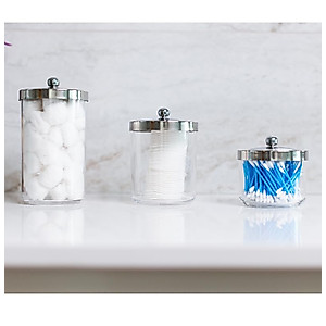 Huang Acrylic Chrome Lid Clear Cosmetic Container | Store Q-Tips, Cottonballs, Cotton Rounds | Perfect Counter Top or Shelf Storage | Large