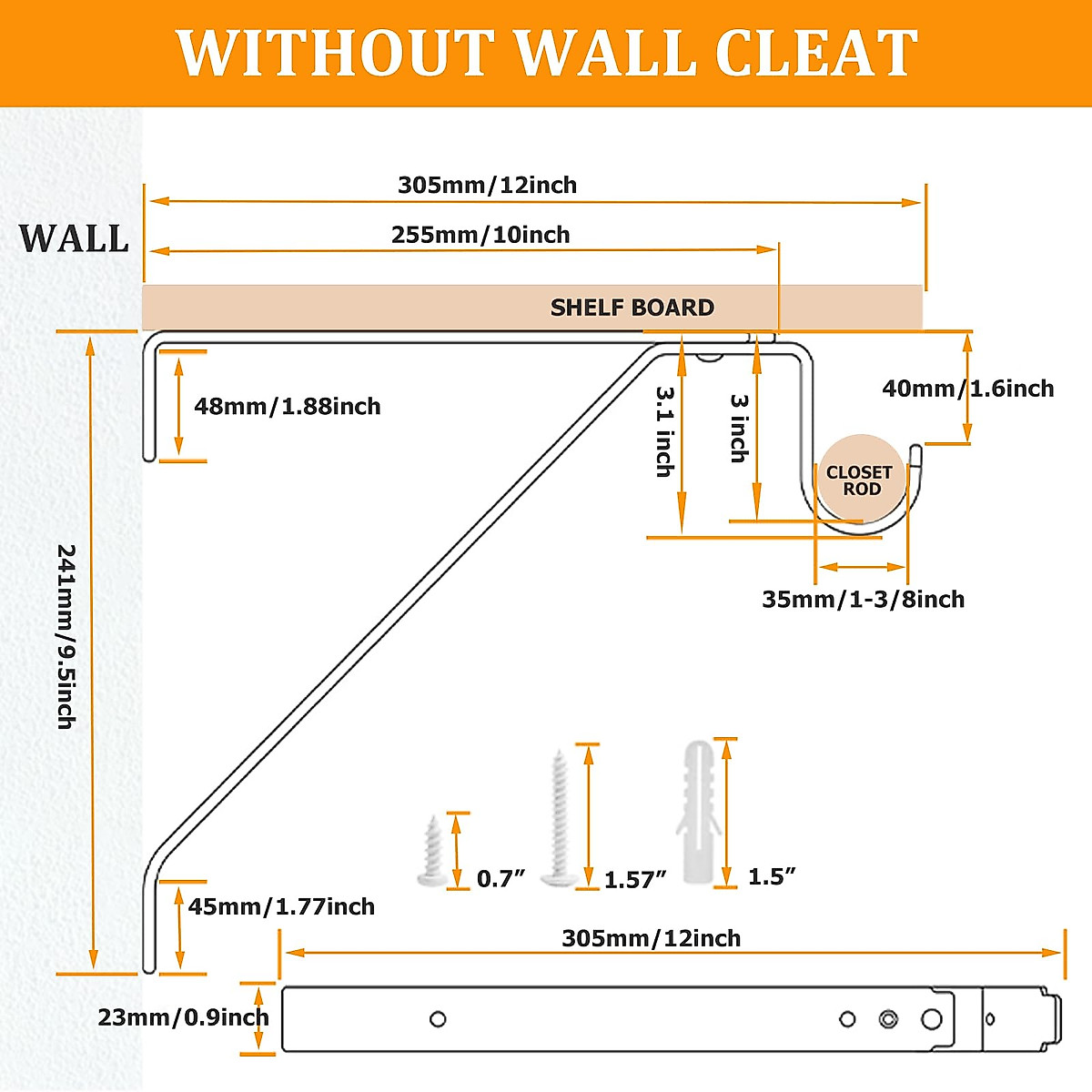 LANMIERT Heavy Duty Closet Rod Bracket, Adjustable Closet Shelf & Rod Brackets for 3/4" Wall Cleat, Adjustable for Rear Cleat Strip, closet rod support bracket Set of 4