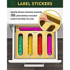 VenDotbi Bamboo Ziplock Bag Organizer for Drawer, Storage Bag Organizer, Plastic Bag Organizer 5 Slot Baggie Organizer for Kitchen Compatible with Gallon, Quart, Sandwich & Snack Variety Bags-Natural