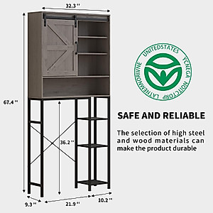 Pipleo Over The Toilet Storage Cabinet, 32.3''W Farmhouse Storage Cabinet Over Toilet with Sliding Door, Adjustable Bottom Bar, Freestanding Space Saver Toilet Rack for Bathroom, Laundry (Grey)