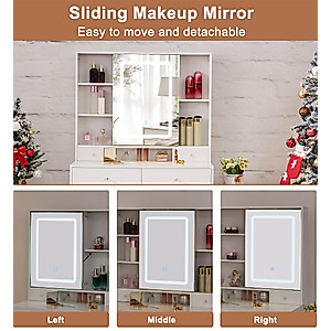 BEWISHOME Vanity Desk, White Vanity with Charging Station & Nightstand, Makeup Desk Makeup Vanity with Lights with 3 Colors Modes, Makeup Table Vanity Table with Sliding Mirror Dressing Table FST19W