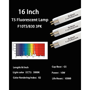 3 Pack 16" F10T5/830/L Fluorescent Light Bulb Replacement for Jasco,Philips,Linear T5 10W 3000K Warm White Bulbs,G5 Miniature Bipin Base