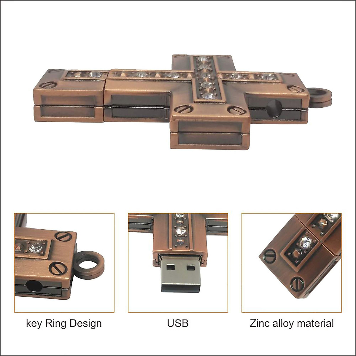 HUNTER ACTION Diamond Jewelry Cross 64GB USB 2.0 Flash Disk Thumb Drive USB Flash Drives U Disk USB Disk Metal USB Flash Drive with Necklace Keychain Design