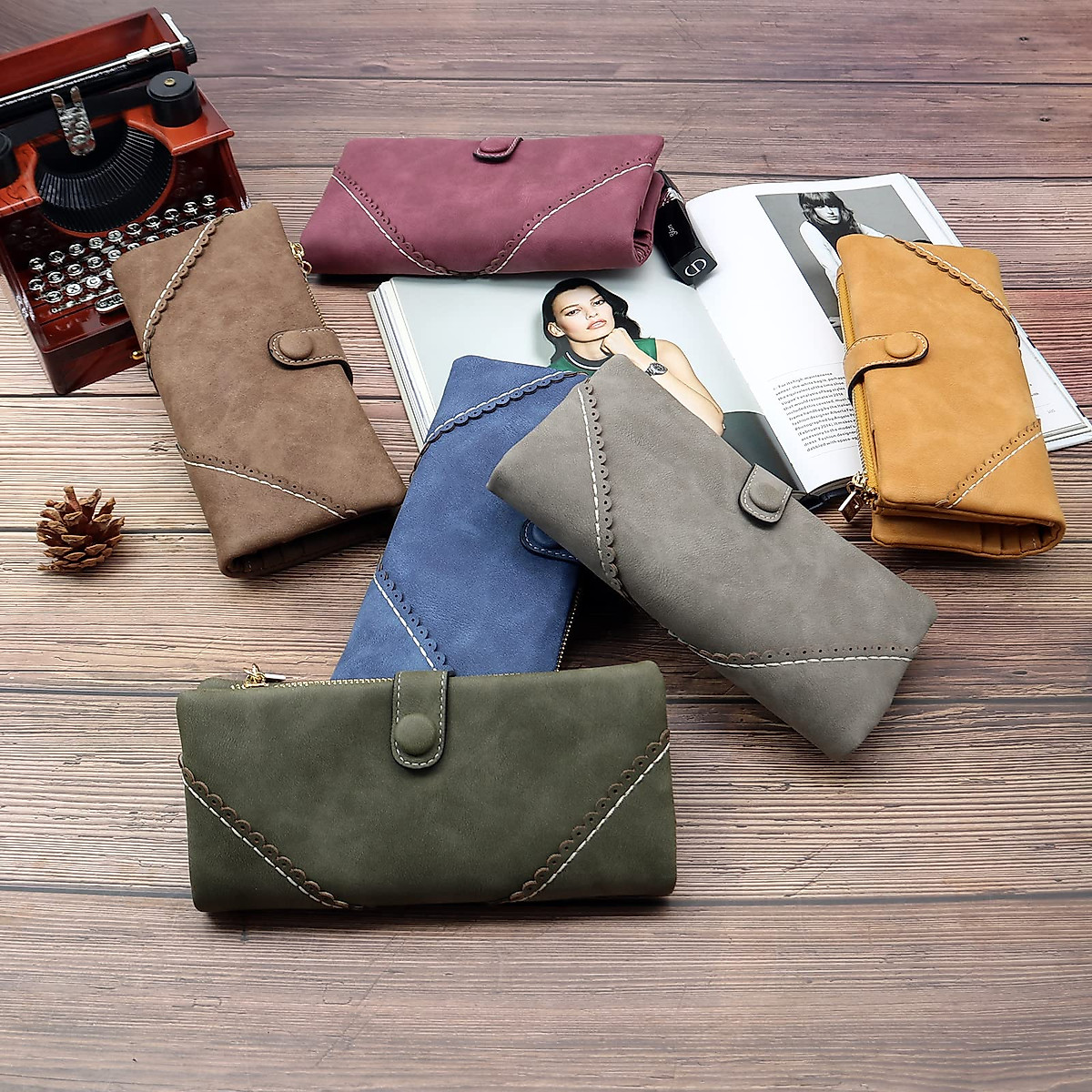 Women Vegan Leather Wallet Bifold Clutch Large Capacity Card Organizer Buckle Long Purse for Girls Candy Color (Dark-Green)