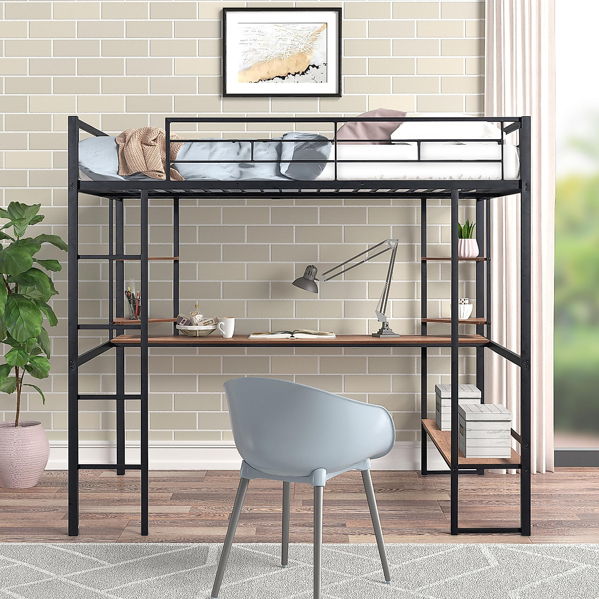 BIADNBZ Full Size Loft Bed with Desk and Shelves Storage, Metal High LoftBed Frame w/Ladder for Kids Teens Adults Bedroom, Black