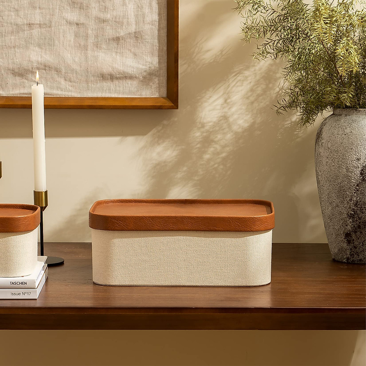 Beige Decorative Storage Boxes With Lids, Storage Baskets with Leather-Like Lids, Sturdy Stackable Paper Boxes Decorative Tray, Modern Basket Organizer Bins for Jewelry Shelve Bathroom Bedroom