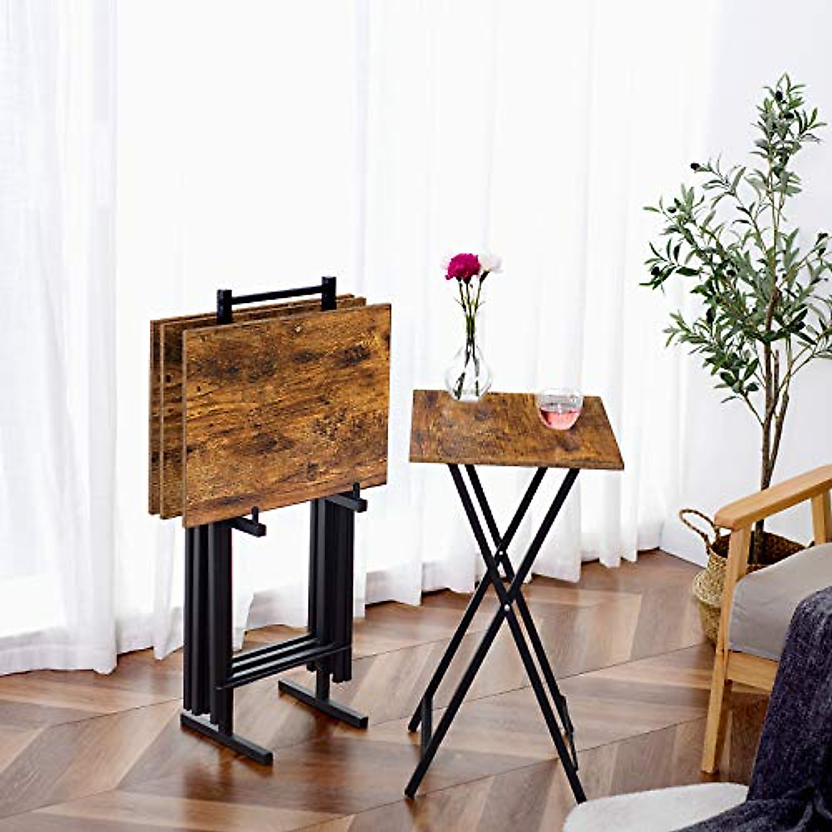 HOOBRO Folding TV Tray Tables, Set of 4 TV Trays with Storage Rack, Industrial Side Table for Eating at Couch, Foldable Snack Table for Small Space, Easy Assembly, Rustic Brown and Black BF50BZ01