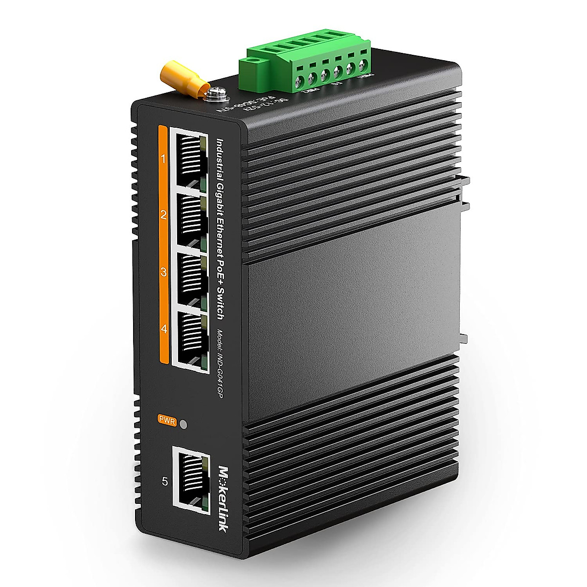 MokerLink 5 Port PoE Gigabit Industrial DIN-Rail Ethernet Switch, 14Gbps Switching Capacity, IP40 Rated Network Switch (-40 to 185°F), with UL Power Supply