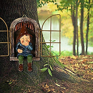 vomiceak Garden Gnome Statue, Elf Out The Door Tree Hugger -5.9 Inch, Funny Garden Tree Decoration, Patio Yard Lawn Porch Decoration