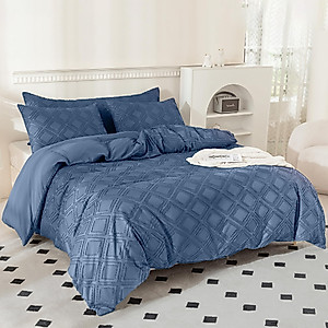 JELLYMONI Blue Duvet Cover King Size - 3 PCS Microfiber Tufted Duvet Cover Set, Boho Textured Duvet Cover Jacquard Rhombus Geometric Pattern Duvet Cover with Corner Ties & Zipper Closure