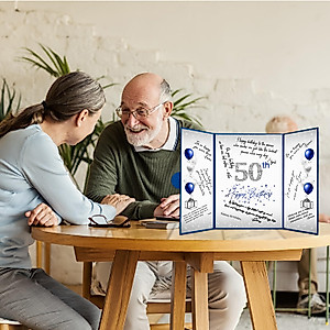 Crenics 50th Birthday Decorations for Men or Women, Creative 50th Birthday Guest Book Alternative, Blue and Silver 50 Birthday Signature Book 18 x 12 inch, Great 50th Birthday Gifts