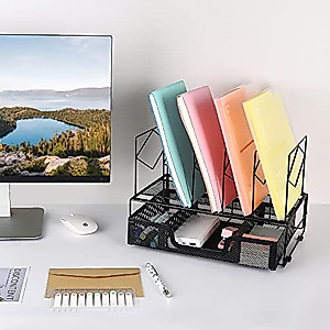 Spacrea Desk Organizers and Accessories, File Folder Holders Desktop Organization with 5 Upright Sections & Drawer, Great for Workspace College Dorm Home Office（Black）