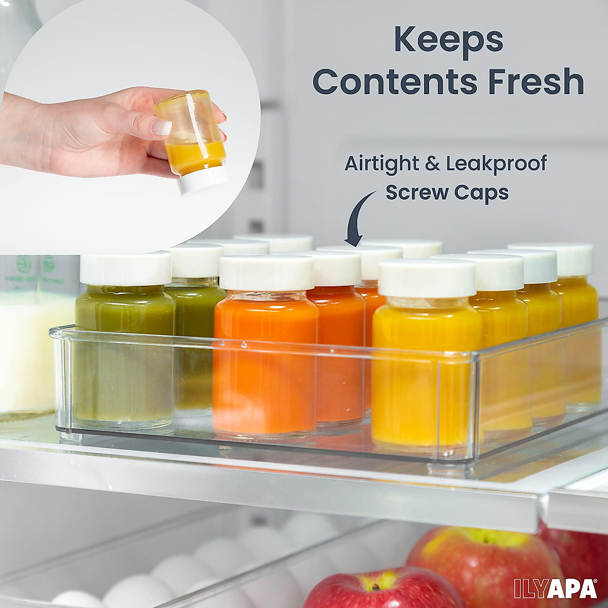 Ilyapa Glass Juice Shot Bottles Pack of 8-4oz On The Go Beverage Storage Container with White Cap, Reusable, Leak Proof