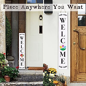 Monjita Welcome Sign for Front Porch Standing, Interchangeable Welcome Standing Sign with 5 Designed Double-Sided Icons for Front Door, All Seasonal Farmhouse Rustic Modern Porch Decor for Fall Harvest Thanksgiving Christmas, 47 x 7.9 Inch Wooden Vertical