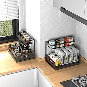 Sealegend Pull Out Under Sink Organizer L-shaped Bathroom Organizer 2 Tier Storage Under Cabinet for Bathroom Kitchen Sliding Shelf Multi-Purpose Storage Shelf Black