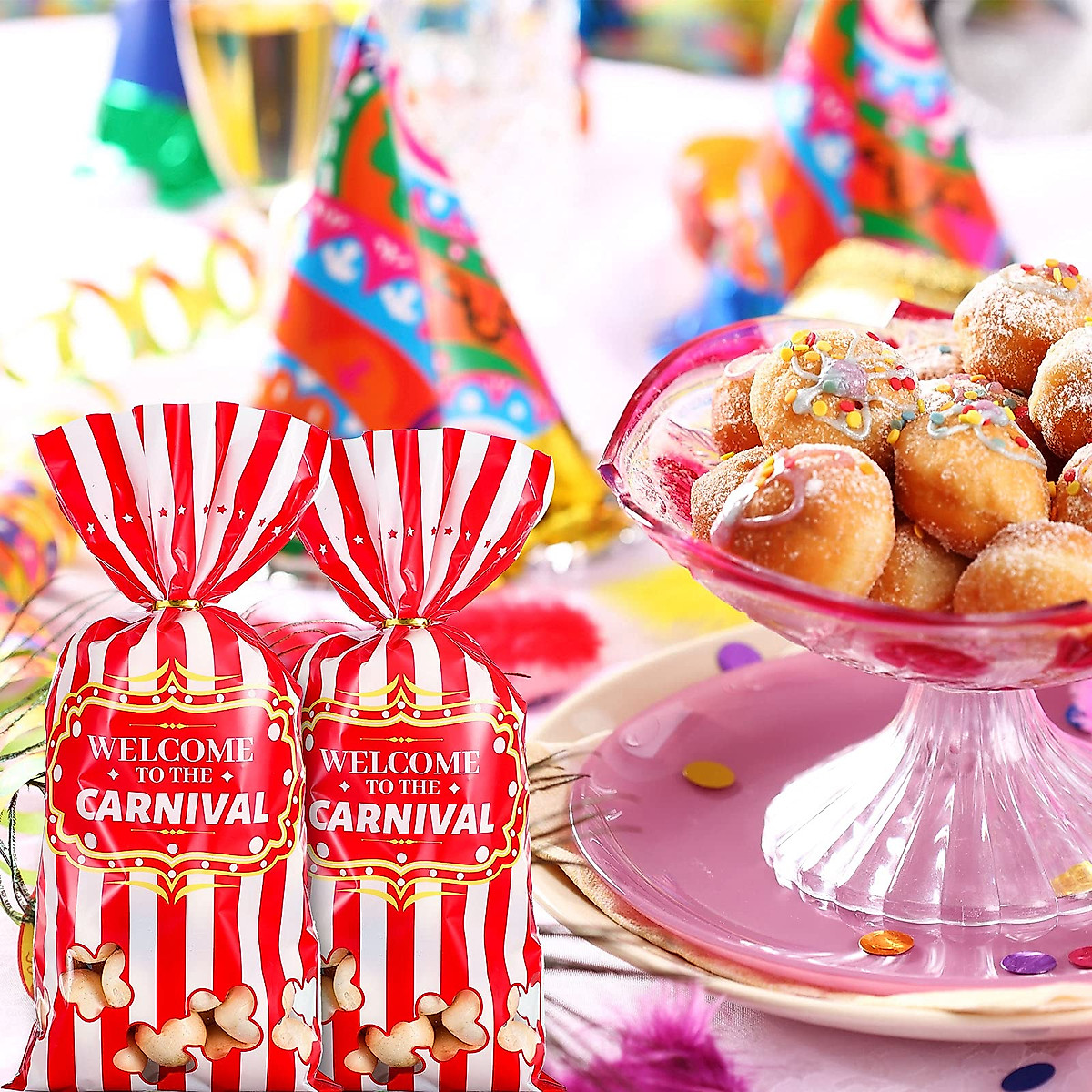 Carnival Candy Bags Circus Plastic Bags Carnival Party Treat Bags Popcorn Pattern Party Bags Goody Bags with 100 Gold Twisted Ties for Party Favor Supply Cookie Cupcake Wrapping(Simple,100 Packs)