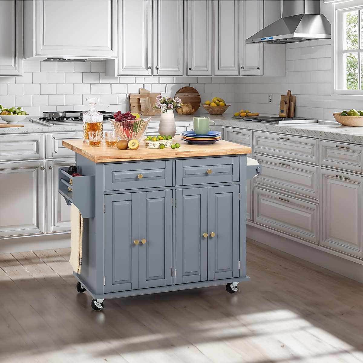 Finnhomy Rolling Kitchen Island With Drop Leaf, Thicken Rubberwood Top, Spice Rack, Towel Rack, Drawer, 43.3" Portable Mobile Kitchen Island Carts Table, Storage Cabinet, Both Wheels and Feet Included