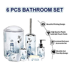 BFYLSQUE Lighthouse Bathroom Accessory Set, 6 Pieces Luxury Bath Accessories Bath Set Lotion Bottles Toothbrush Holder Tooth Mug Soap Dish Toilet Brush Rubbish, for Modern Design - Plastic