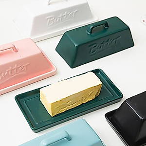 Porcelain Butter Dish with Lid, Candiicap Classic Matte Butter Keeper for Countertop, Large Butter Holder for Butter Storage, Dishwasher Safe (Matte Green)