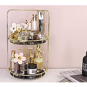 Z PLINRISE Makeup Organizer, 2 Tier Bathroom Cosmetic Storage Shelf for Dresser and Countertop, Decorative Round Vanity Organizer Basket with Marbling Glass Tray, Gold