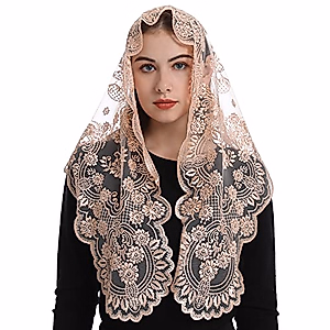 Bozidol Spanish Style Catholic Mass Mantillas Veil for Prayer Floral Orthodox Head Coverings Shawl Chapel Veils (Champagne)