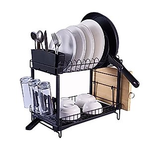 YP Dish Drying Rack with Drainboard, 2 Tier Dish Drainers for Kitchen Counter, Kitchen Dish Rack Organizer with Removable Utensil Holder, Black