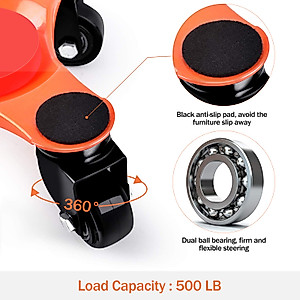 SPACEKEEPER Furniture Mover Dolly, 6-Inch Steel Tri-Dolly, 500 Lbs Capacity, 3 Wheels Mover Dollys for Moving Heavy Furniture, 4 Pack