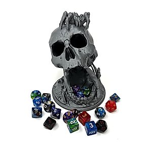 MunnyGrubbers - 6.5" Skull Dice Tower - (Random 7PCS D20 Dice Set Included) - No Paint Odorless Plastic - Tabletop Roleplaying Game - Dice Roller - Dungeons and Dragons - DND - D&D - (Silver)
