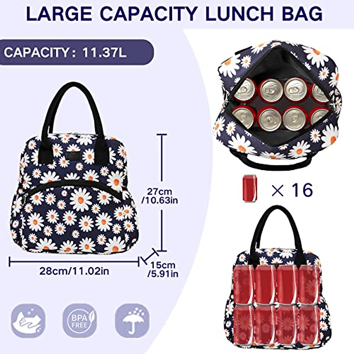 Kasqo Lunch Box Bag for Women, Insulated Thermal Reusable Lunch Cooler Lunch Tote with Front Pocket Daisy