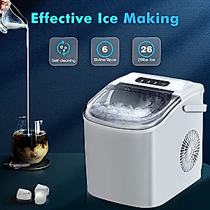 Ice Makers Countertop with Self-Cleaning, 26.5Lbs/24Hrs, 9 Cubes Ice Ready in 6 Mins, Portable Ice Maker with Ice Scoop/Basket for Home/Kitchen/Office/Bar, White(with Handle)