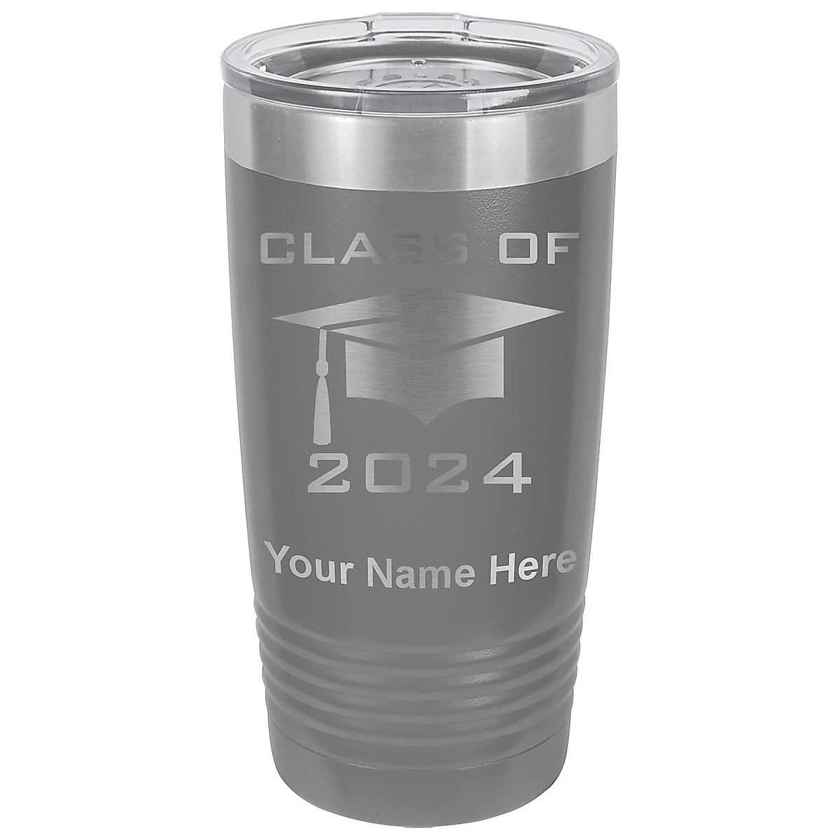 LaserGram 20oz Vacuum Insulated Tumbler Mug, Grad Cap Class of 2023, 2024, 2025, 2026, 2027, Personalized Engraving Included (Gray)